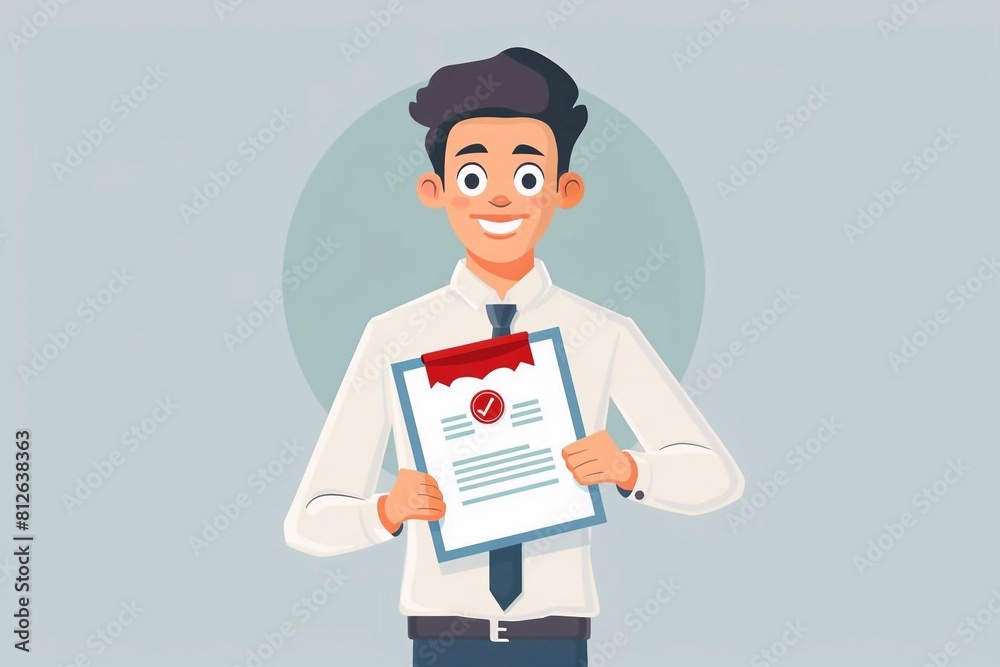 Happy man holding certificate icon. Certification and standardization ...