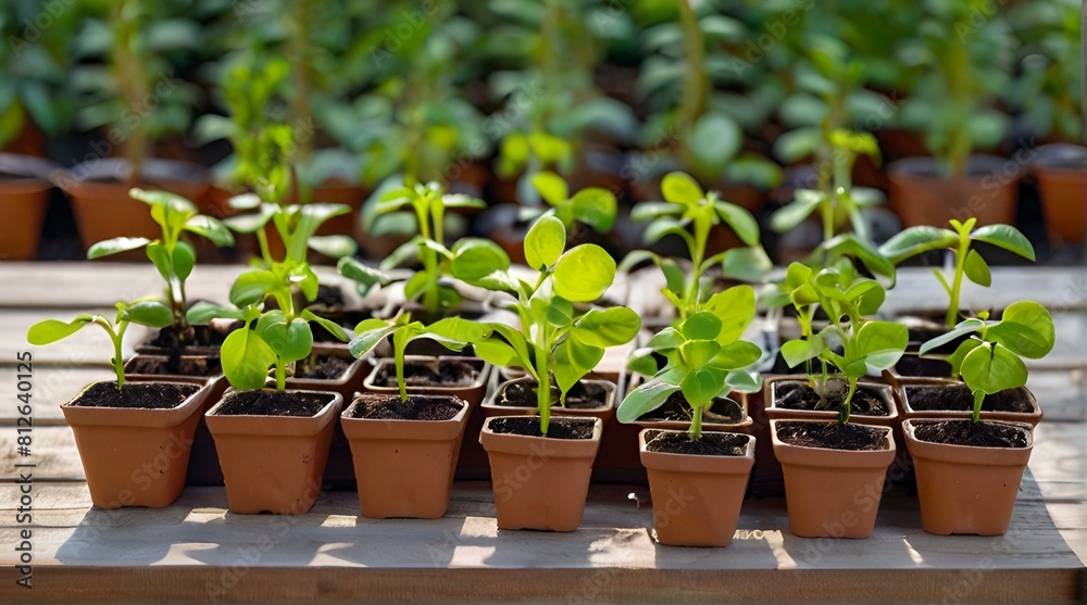 potted plants grouped around a sapling. Variety of potted herbs in a ...