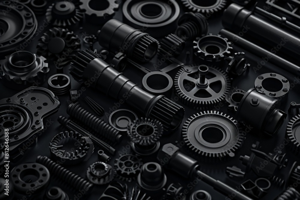 Dark industrial wallpaper. 3d render vehicle parts pattern. Black ...