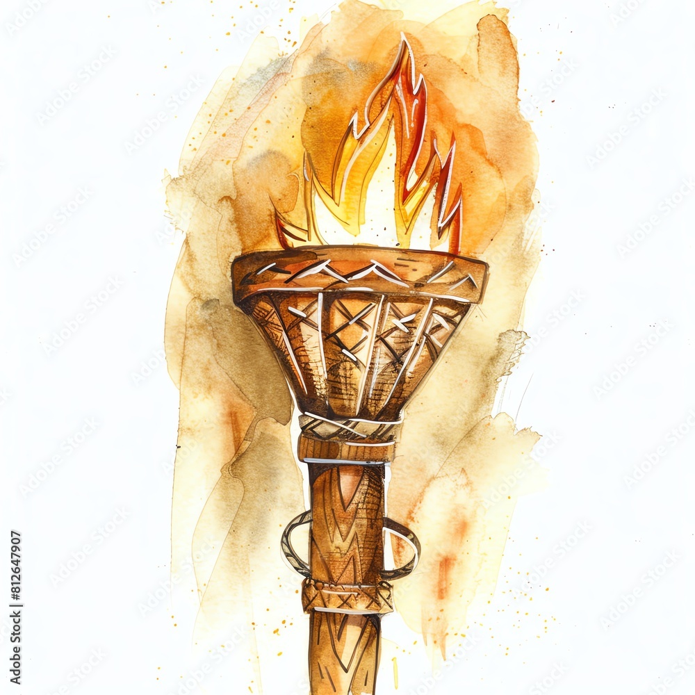 A watercolor painting of a tiki torch. The torch is made of wood and ...