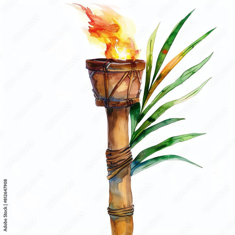 A watercolor painting of a tiki torch. The torch is made of bamboo and ...