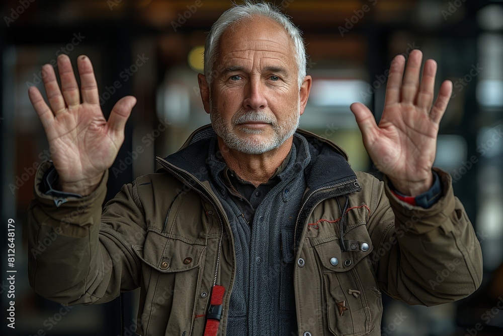 An older man with a trusting gesture, silver hair, and a neutral ...