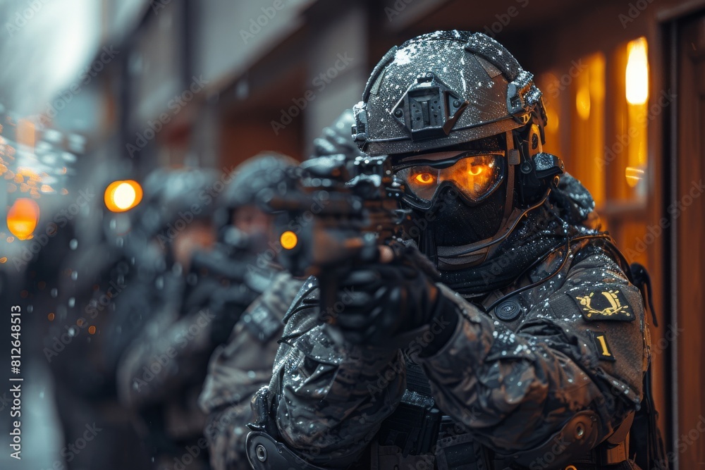 The image features a well-equipped soldier poised and ready to engage ...