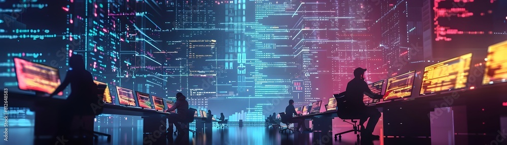 Software developers during hackathon working on coding projects under ...