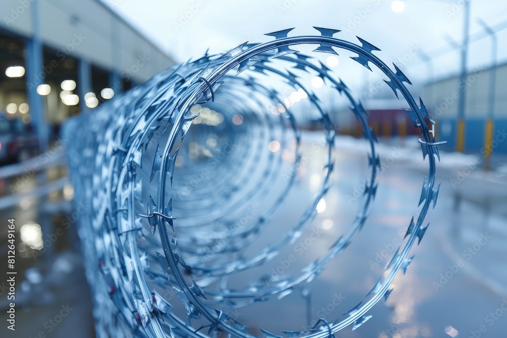 Sharp barbed wire in focus with a blurred background of a warehouse ...