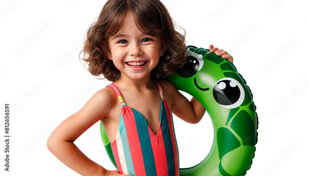 Joyful young girl with a bob haircut, smiling as she holds a green ...