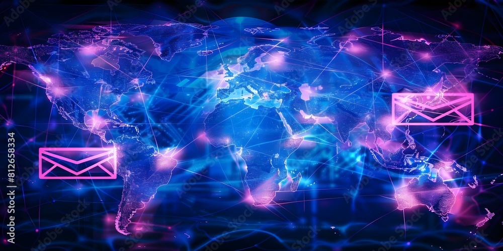 World map showcasing extensive reach of effective email marketing campaign. Concept Email ...