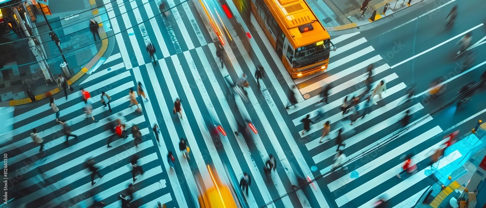 Busy pedestrian crosswalk in a business district from a top view ...