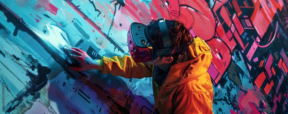 Graffiti artist creating a mural with augmented reality glasses in a ...