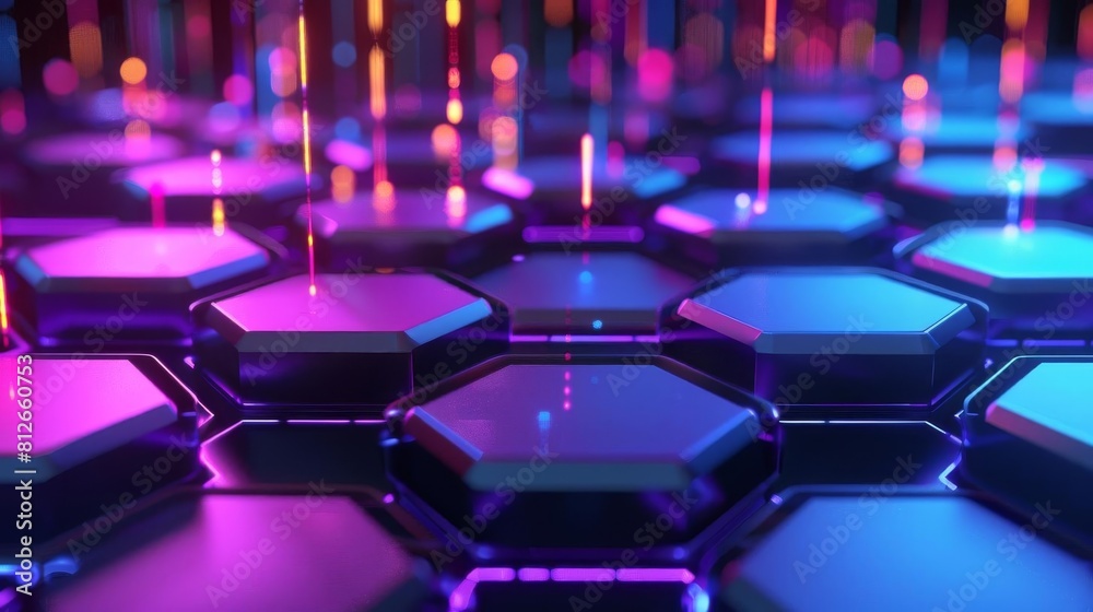 Hive with digital hexagons glowing in neon colors in a front view ...