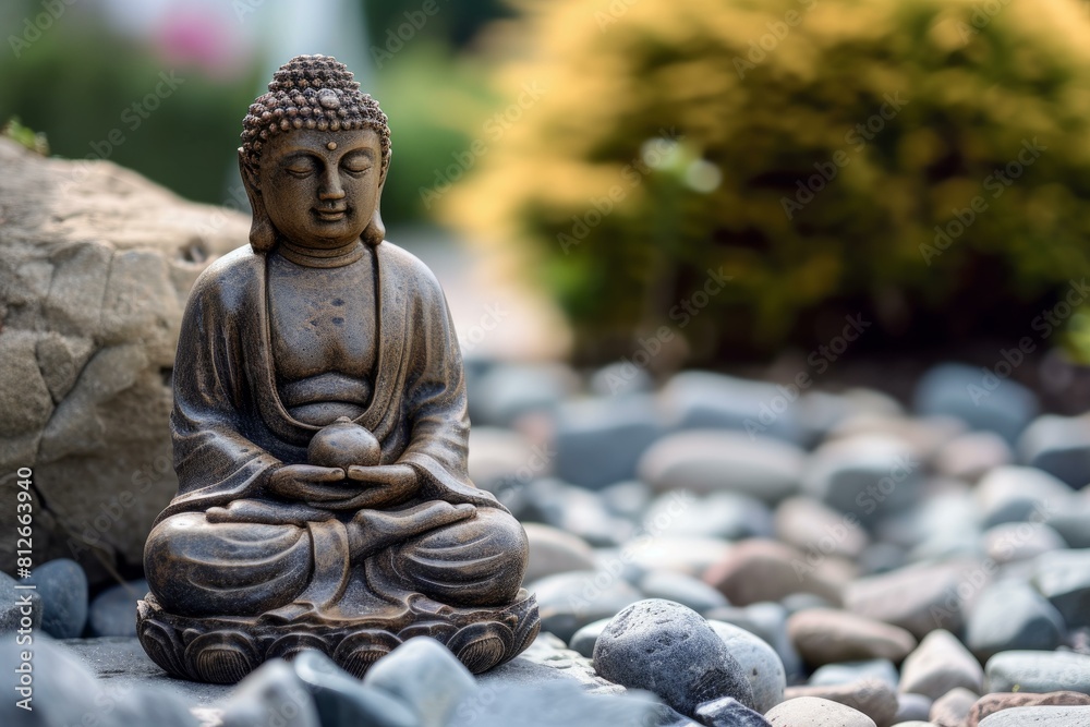 Peaceful buddha statue meditates among smooth pebbles in a tranquil zen ...