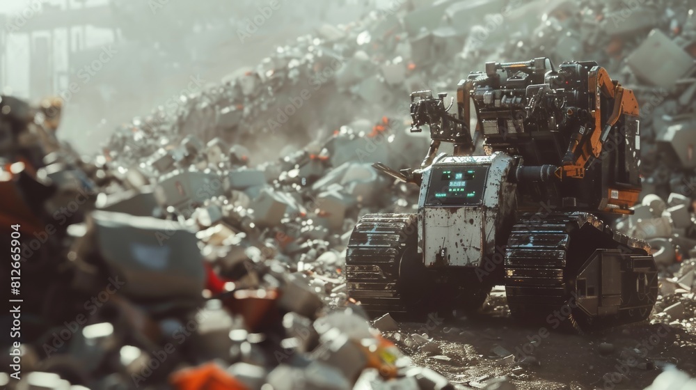 Amidst the layers of discarded items in a futuristic landfill, a ...