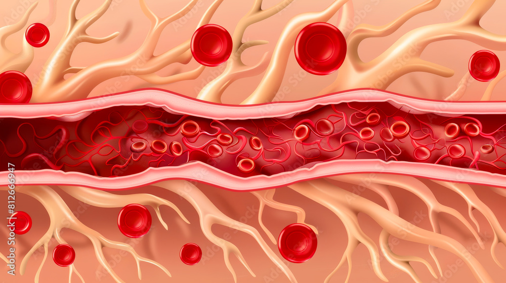 ฺBlood vessels. An illustration of blood vessels with a focus on the ...