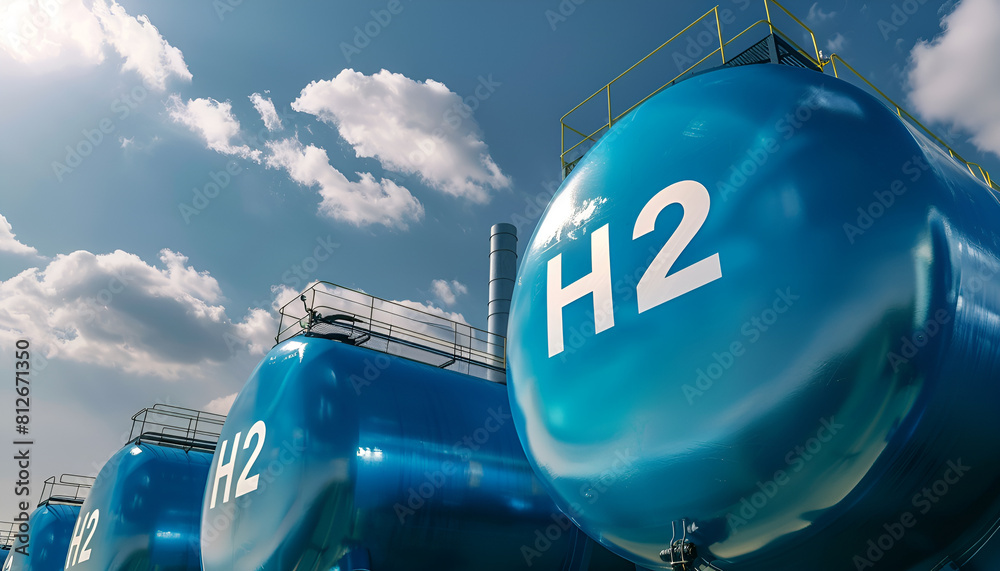Large storage tanks with H2 and HYDROGEN labels on a blue sky ...