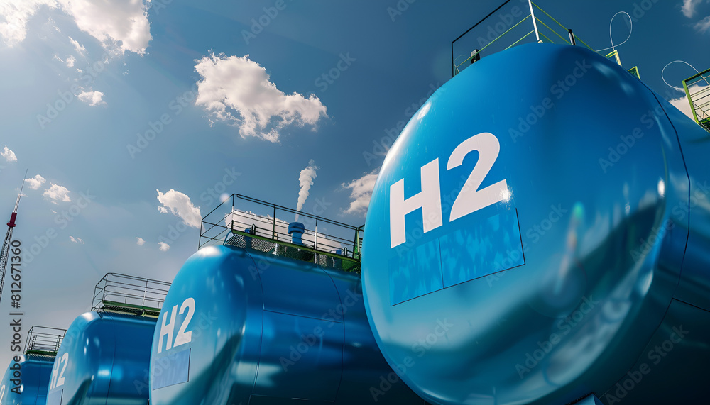 Large storage tanks with H2 and HYDROGEN labels on a blue sky ...