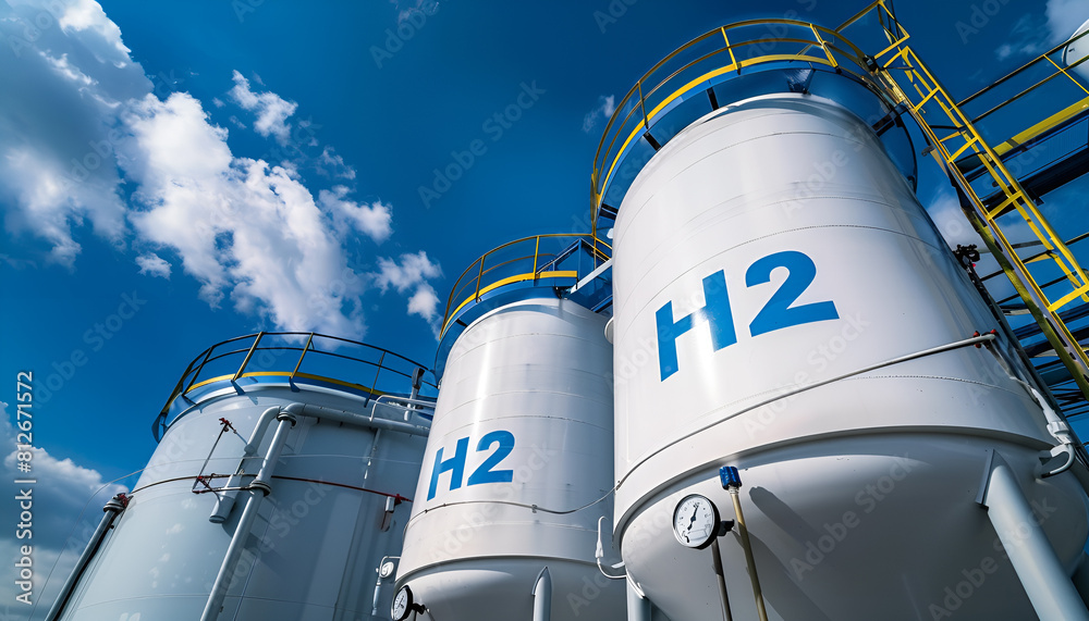 Large storage tanks with H2 and HYDROGEN labels on a blue sky ...