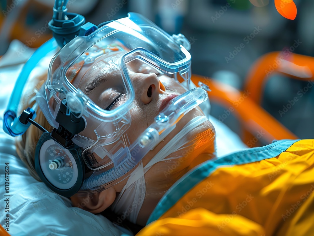 Foto de A comatose patient lies in a hospital bed. Her face is pale and ...