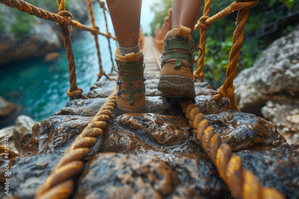 The image captures the perspective of someone crossing a bridge with a ...