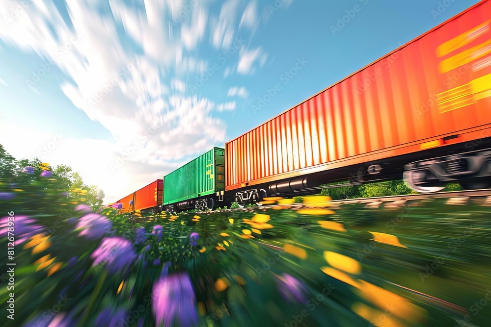 colorful cargo train with intermodal containers speeding through ...