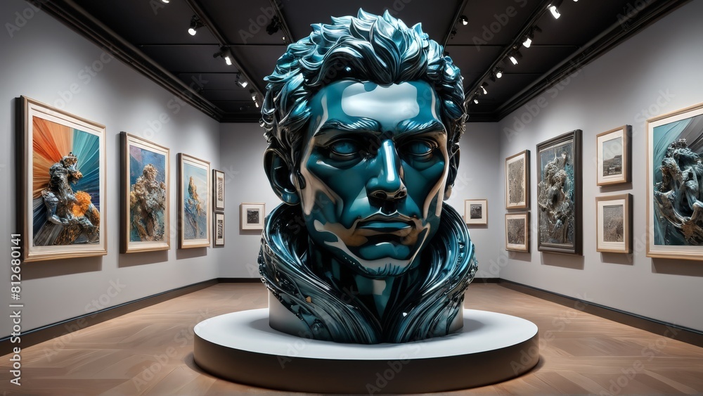 3D created sculptures displayed within a 2D painted art gallery where ...