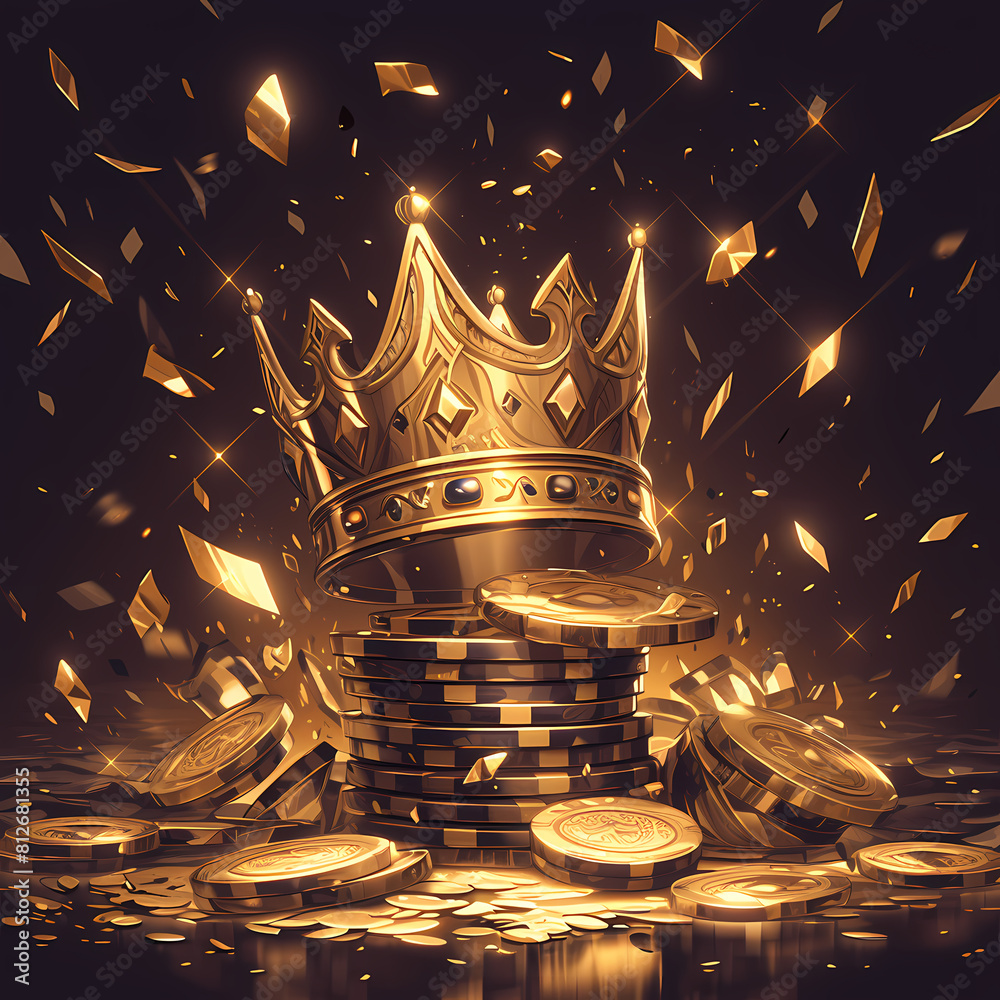 A majestic crown sits atop a dazzling pile of precious stones and gold ...