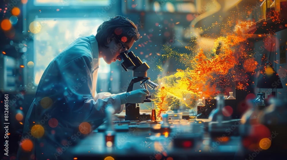 Depict a critical moment in an experiment where colorful chemicals ...