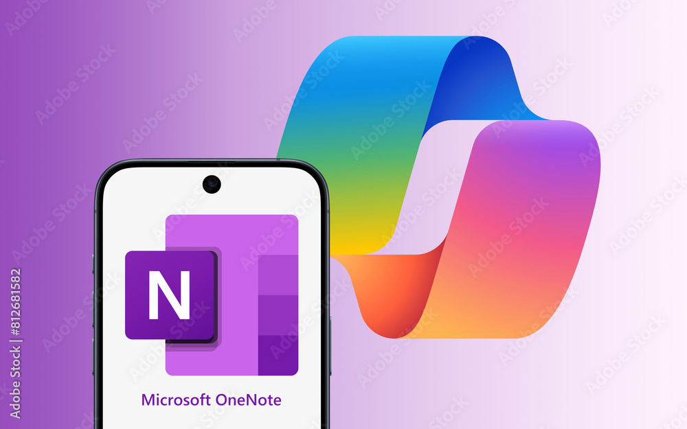 OneNote logo displayed on a modern smartphone standing on a desk, big ...