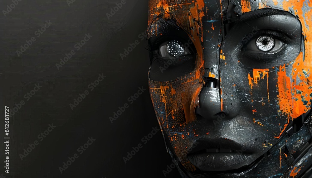 Depict a futuristic cyborg face with halfskin, halfmetal, intense eyes ...