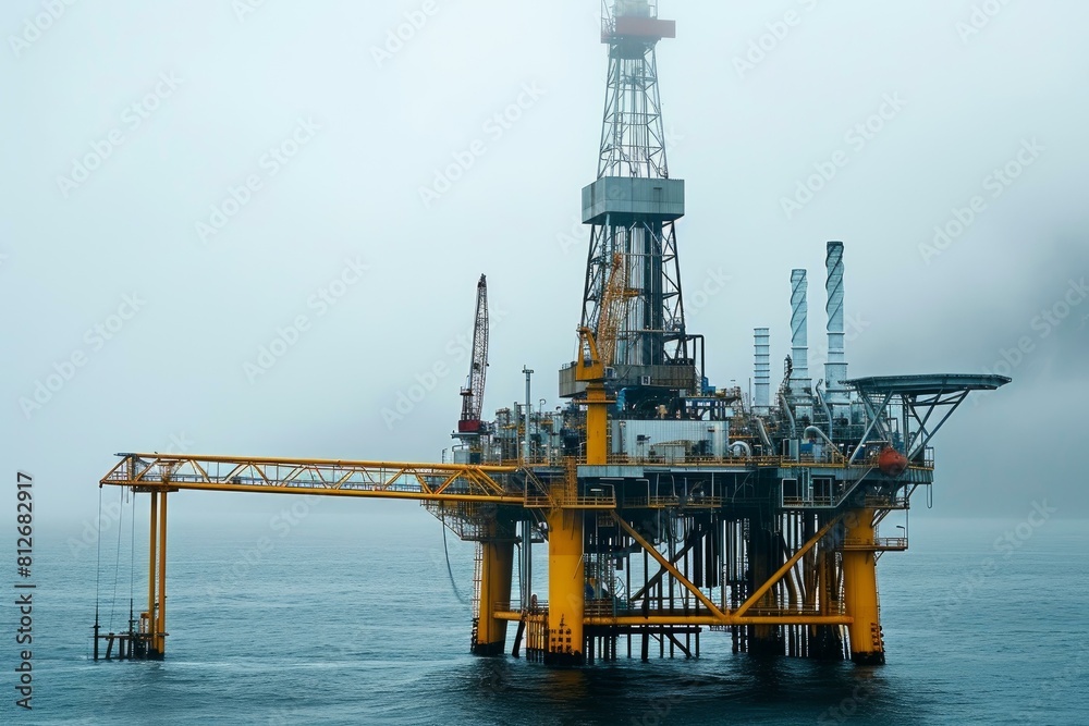 Offshore drilling platform stands amidst fog on the open sea ...