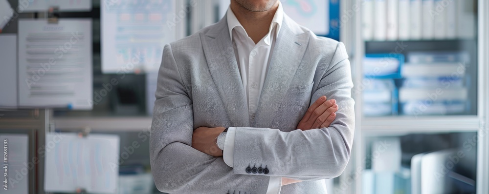 Professional male CEO in a light grey suit, torso only visible, framed ...