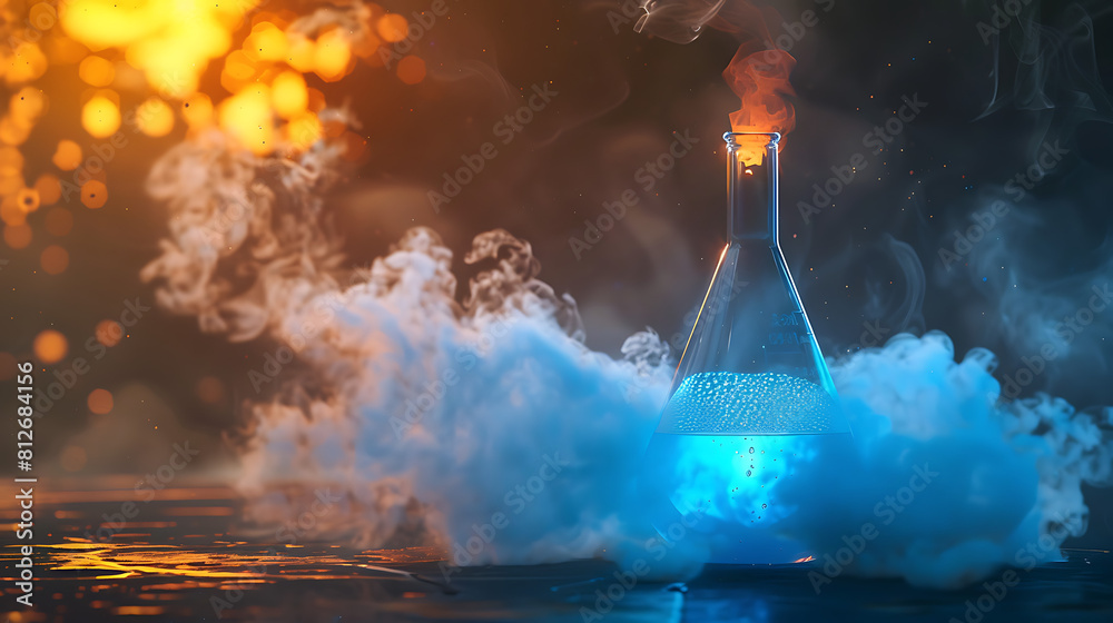 Chemical Reaction: Erlenmeyer Flask Igniting with Smoke and Vapors ...