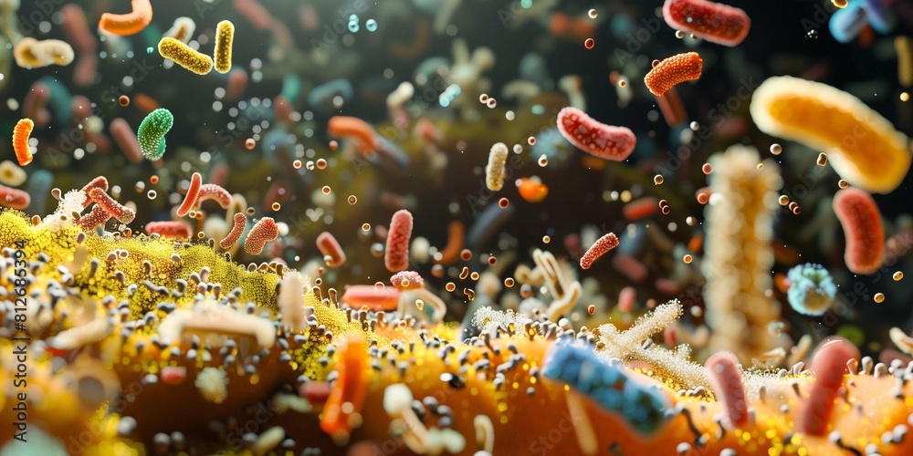 of microbial colonies flourishing on decaying matter, showcasing the ...