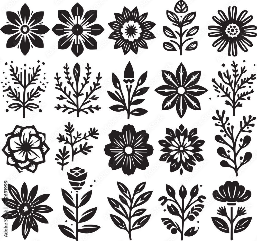 Flowers set vector silhouette illustration. Abstract flower shapes and ...