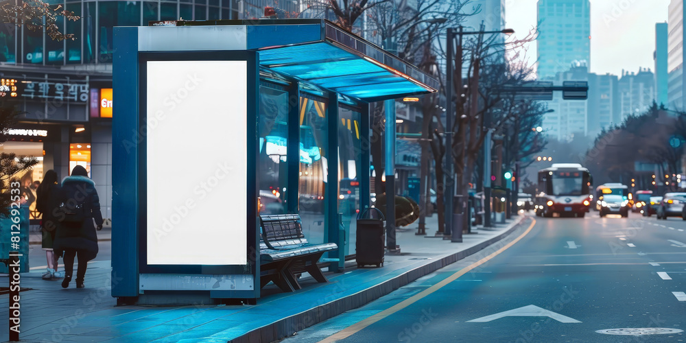 A blank white billboard at bus stop on street, for advertising mockups ...