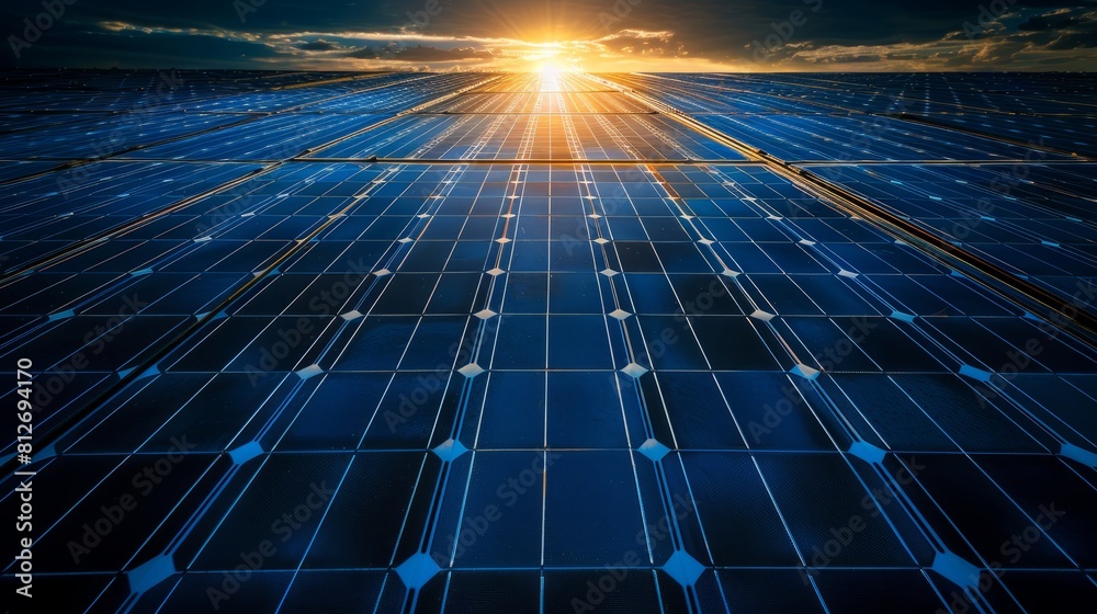 a large solar farm with the sun rising in the background. The solar ...