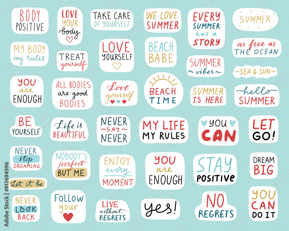 Motivational stickers set. Cute positive badges, lettering, doodle ...