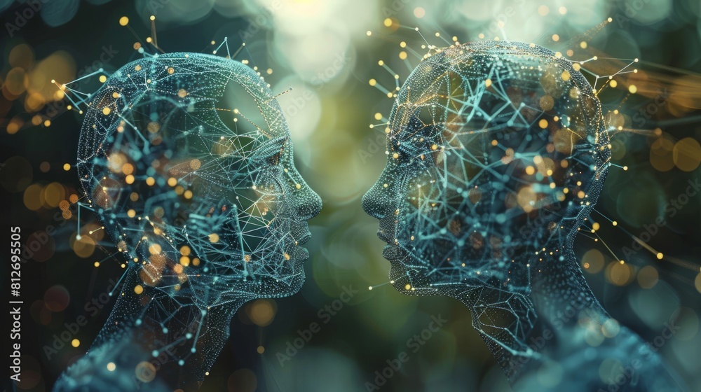 The image shows two human faces made of glowing dots and connected by ...