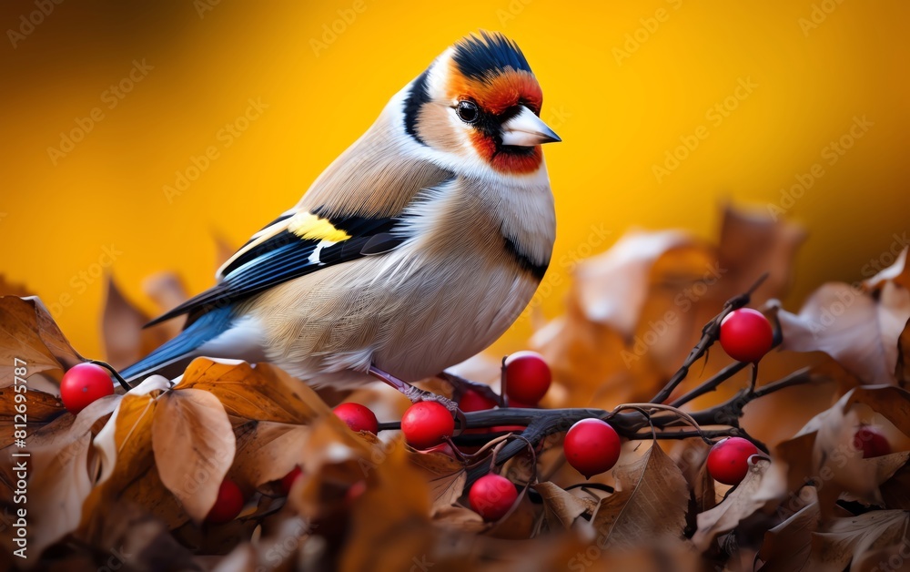 European Goldfinch with a red face hiding among autumn leaves, peeking ...