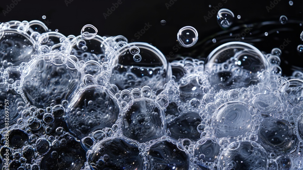 A clear, detailed image showing numerous bubbles of varying sizes ...