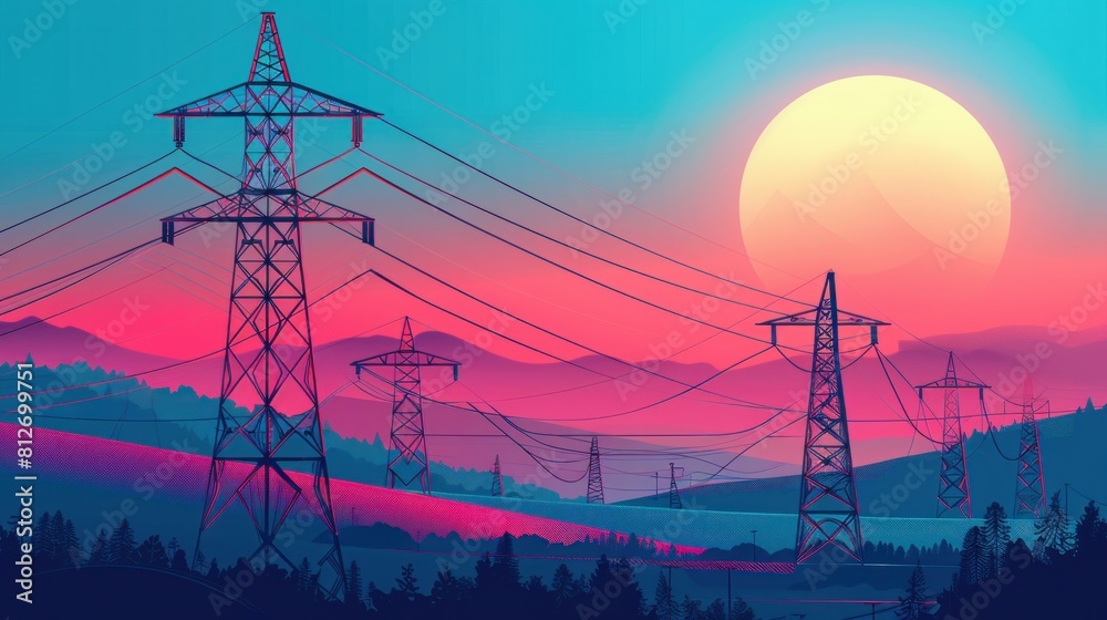 Flat vector illustration depicting the utility electric transmission ...