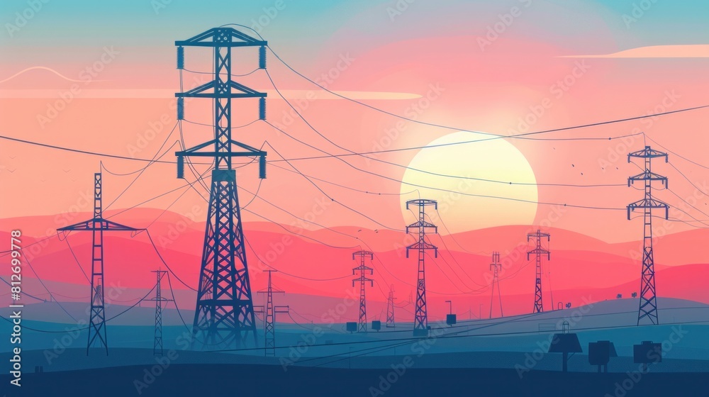 Flat vector illustration depicting the utility electric transmission ...