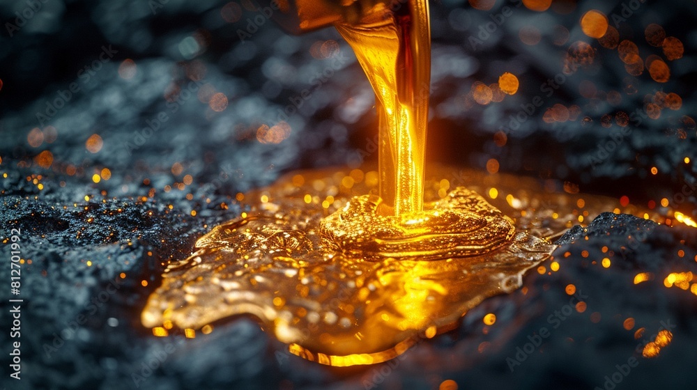 A detailed view of pouring liquid gold into a graphite casting form ...