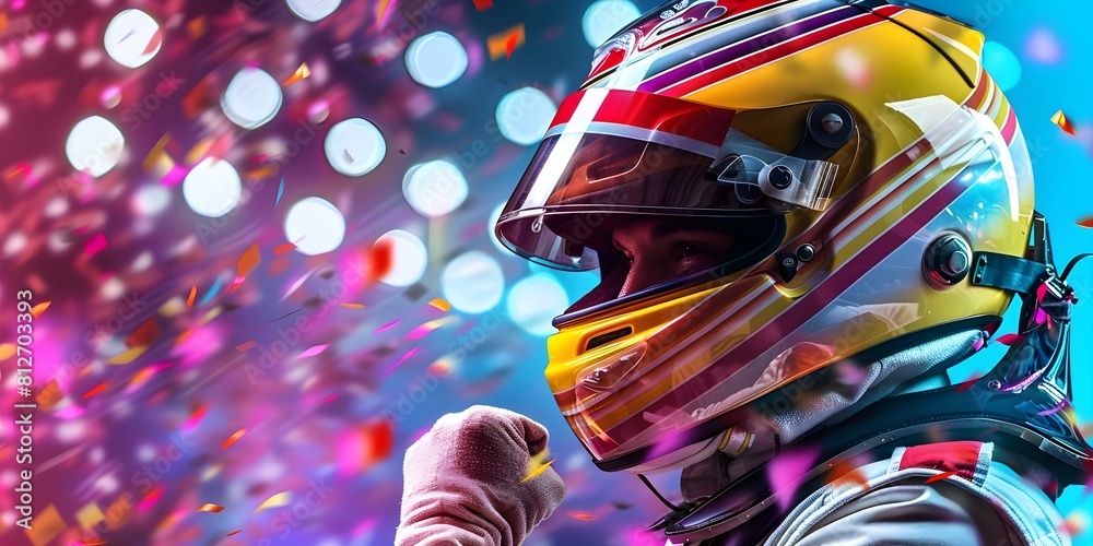 Race car driver celebrating victory under stadium lights with confetti ...