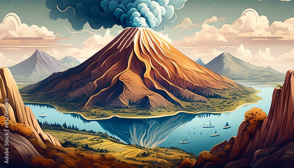 Create a drawing depicting an aerial view of a volcano with a lake ...