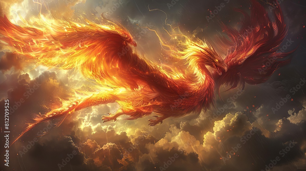 Depict a mythical creature from folklore, such as a dragon or a phoenix ...
