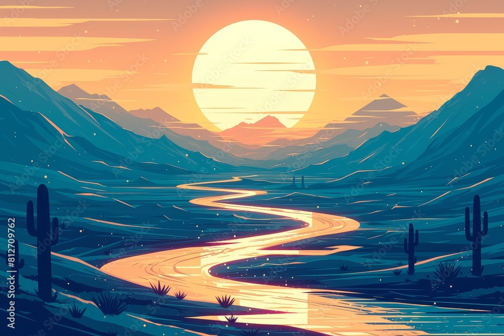 80s retro poster of the desert with mountains and cacti, road leading ...