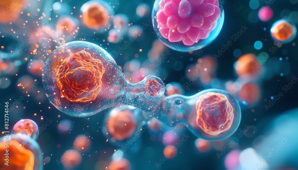 Highdetail view of biotech enzymes acting on food particles, top view ...