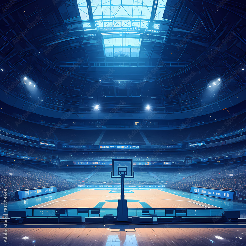 Vibrant Basketball Court Inside Illuminated Stadium with Blue Rims and ...