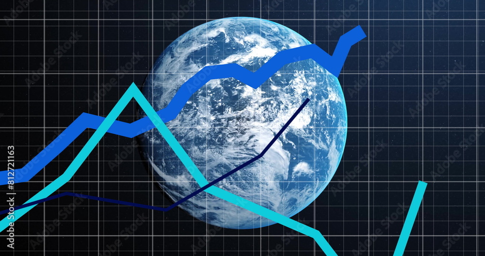 Image of growing graphs, grid pattern and globe over black background ...