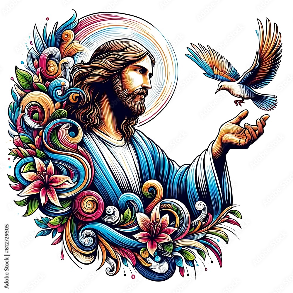 A drawing of a jesus christ holding a bird image realistic attractive ...